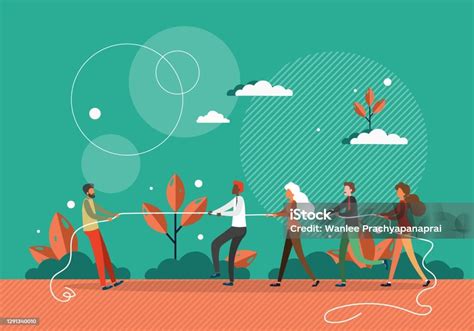 모든 개념 벡터 그림에 대해 하나입니다 한 남자가 많은 사람들에 대해 밧줄을 당깁니다 비즈니스의 경쟁과 리더십 남자는 군중에서 눈에 띄는 줄다리기 전쟁 경쟁 개념에 대한