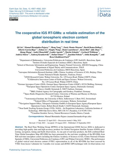Pdf The Cooperative Igs Rt Gims A Reliable Estimation Of The Global Ionospheric Electron