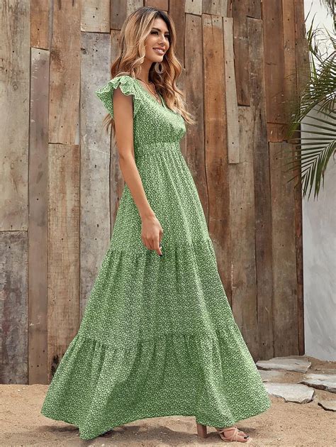 Sommer Maxikleider Blaues Strandkleid Mit V Ausschnitt Rüschen Und Blumendruck