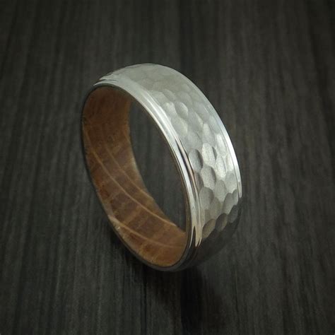 Titanium Hammered Ring With Whiskey Barrel Wood Sleeve Custom Made Band