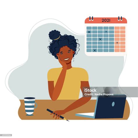 업무의 우선 순위 의제 행복한 여성은 일을 계획하고 작업 우선 순위를 설정합니다 작업 완료 계획 시간 관리의 개념 트렌디 한