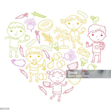 유치원 유치원 보육원 아이 들 건강 식품 남자와 여자를 야채와 과일을 먹는다 어린이 카페 메뉴 레스토랑입니다 비타민입니다 건강한 생활방식에 대한 스톡 벡터 아트 및 기타