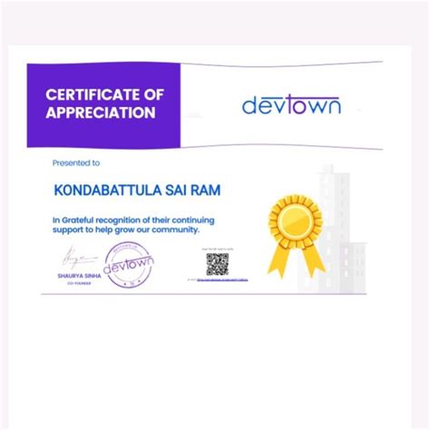 Sai Ram Kondabattula On Linkedin Appreciation Certificate From Devtown