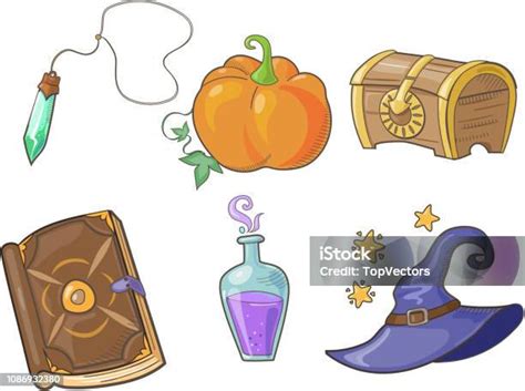 마법의 표시 설정 할로윈 기호 약 병 마법의 크리스탈 호박 마법사 모자 흰색 배경에 마술 책 벡터 일러스트 레이 션 개념에 대한 스톡 벡터 아트 및 기타 이미지 Istock