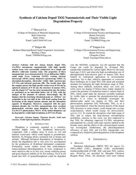 Pdf Synthesis Of Calcium Doped Tio2 Nanomaterials And Their Visible Light Degradation Property
