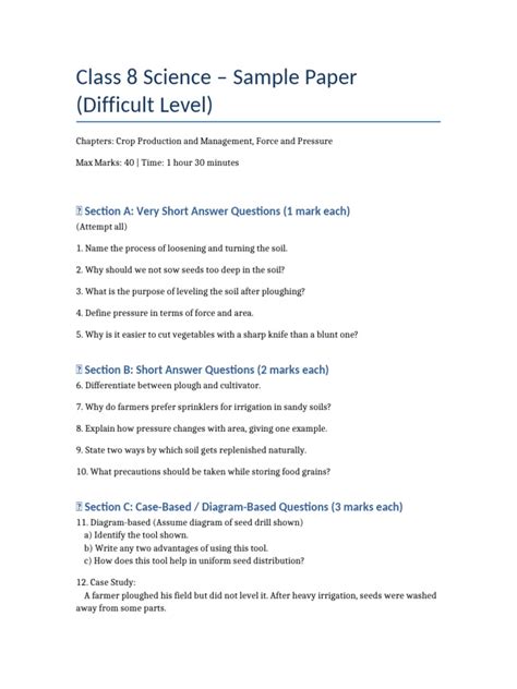 Class 8 Science Sample Paper On Crops And Pressure Pdf Plough