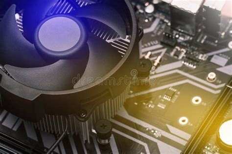 Computer Motherboard With Cooling System And Fan Computer Details And Diagrams Stock Image
