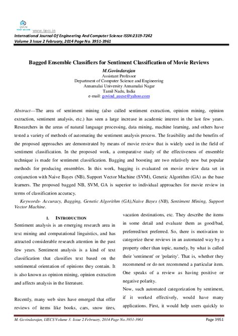 Pdf Bagged Ensemble Classifiers For Sentiment Classification Of Movie Reviews