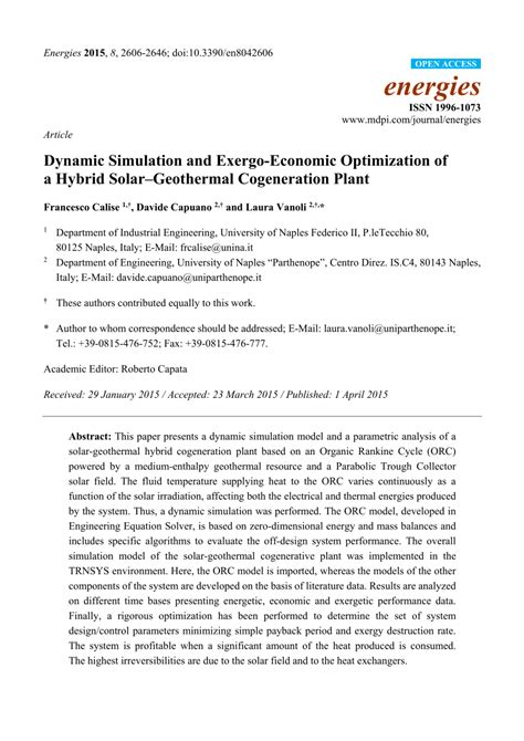 Pdf Dynamic Simulation And Exergo Economic Optimization Of A Hybrid Solar Geothermal