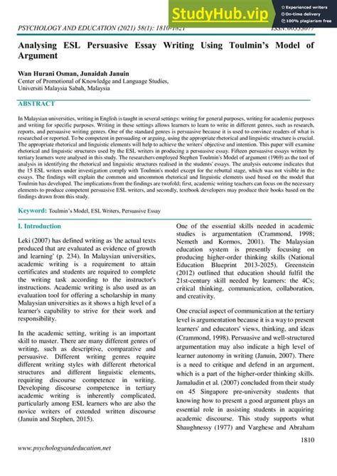 Analysing Esl Persuasive Essay Writing Using Toulmin S Model Of Argument Pdf