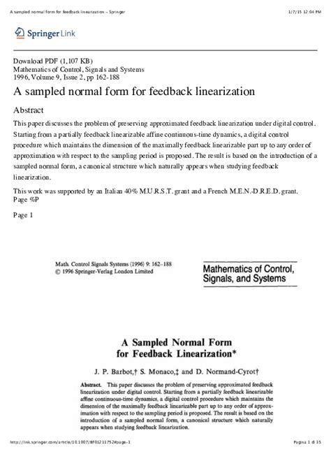 Pdf A Sampled Normal Form For Feedback Linearization