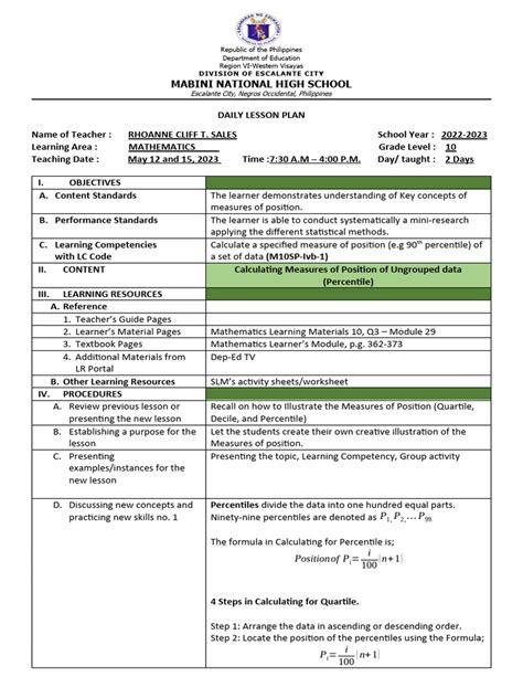 Daily Lesson Plan Sample Pdf Percentile Learning