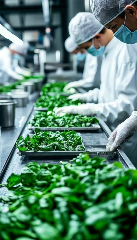Food Processing Factory Workers Sort Fresh Vegetables On A Conveyor Belt Industrial Hygiene