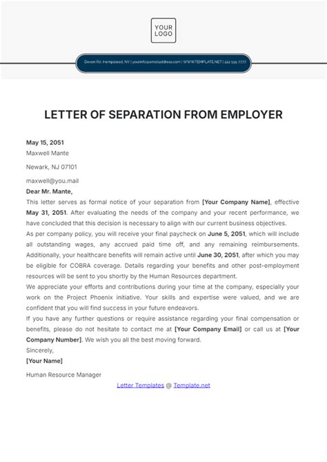 Free Letter Of Separation From Employer Template To Edit Online