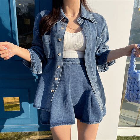 올해트렌드 봄나들이 데일리 오버핏 데님 청남방 셔츠 자켓 플리츠 스커트 투피스 세트 셋업 에이블리