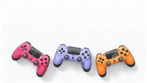 Realistic Colorful Video Game Joysticks Or Gamepads With Color Buttons On White Stock