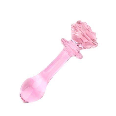 Smooth Pink Bulbous End Glass Dildo For Couples With Rose Flower Base