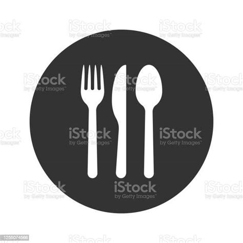 포크 나이프와 숟가락 아이콘 둥근 모양 버튼 로고 간단한 플랫 레스토랑 이나 카페 장소 표지판 주방 및 식당 메뉴 기호 벡터 일러스트 이미지입니다 흰색 배경에 고립 된 검은