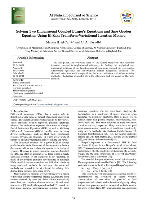 Pdf Solving Two Dimensional Coupled Burgers Equations And Sine Gordon Equation Using El Zaki