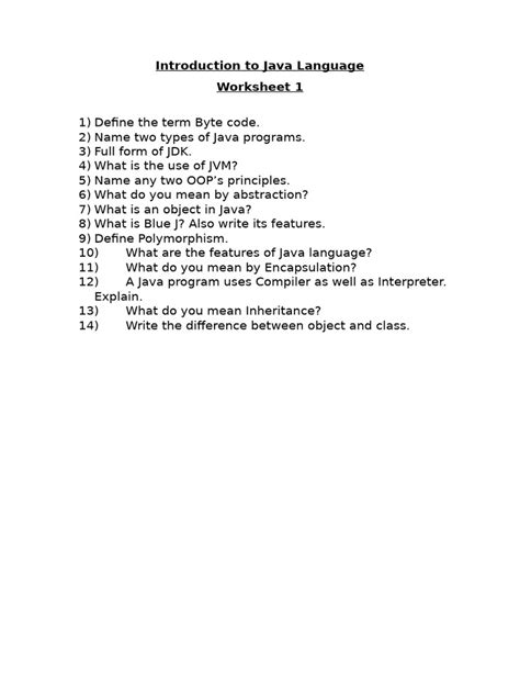 Ls 3 Introduction To Java Language Worksheet 1 Pdf Computers