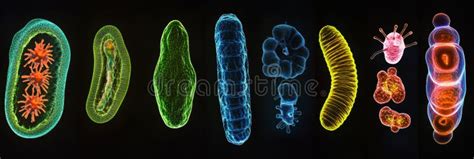 Sequence Of Evolving Bacteria Showcasing Various Forms And Structures Under A Microscope