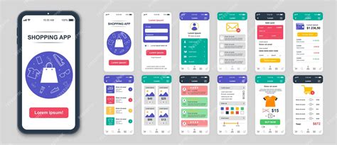 ui ux gui 화면 세트 모바일 앱 반응형 웹 사이트용 쇼핑 앱 플랫 디자인 템플릿 프리미엄 벡터