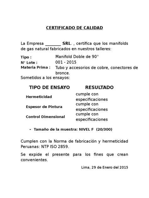 Ejemplo De Certificado De Calidad Ejemplo De Certificado De Calidad