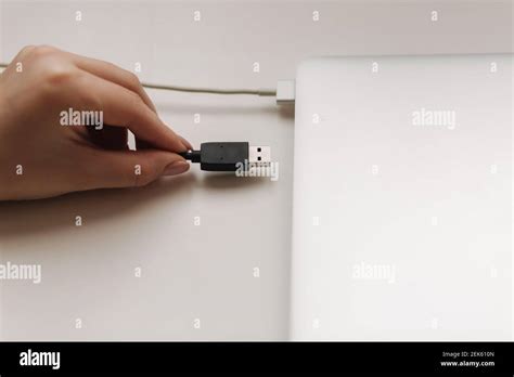 Female Hand Put USB Adapter To Copy File By Laptop Stock Photo Alamy