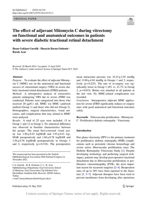 The Effect Of Adjuvant Mitomycin C During Vitrectomy On Functional And Anatomical Outcomes In