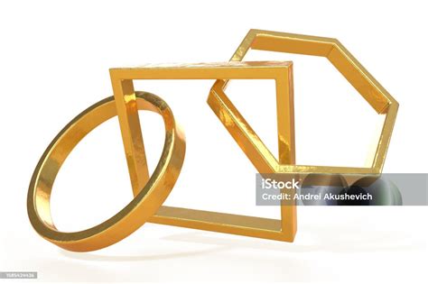 황금 링크 3d 렌더링의 금속 체인입니다 연결된 원형 정사각형 및 육각형 프레임이 있는 고급 테두리 추상적인 기하학적 모양 흰색