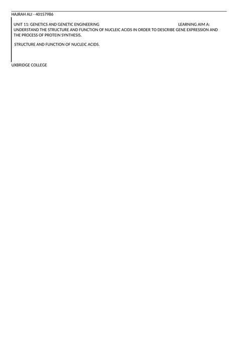 Learning Aim A Understand The Structure And Function Of Nucleic Acids In Order To Describe Gene