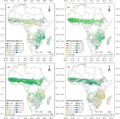 the spatial distribution of the phenology metrics trends for 1982 2015