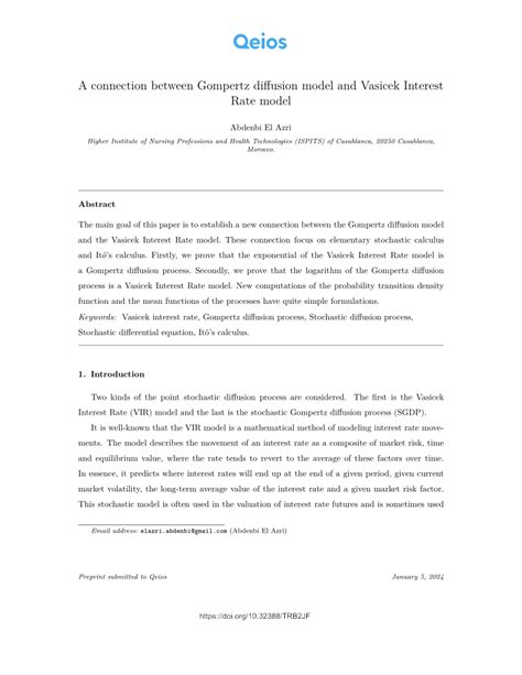Pdf A Connection Between Gompertz Diffusion Model And Vasicek Interest Rate Model