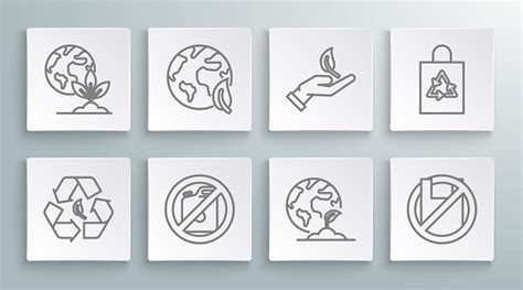 세트 라인 재활용 기호와 잎 지구 지구 휘발유 용기 없음 식물 비닐 봉지 포스터에 아니오 환경 보호의 새싹 손 재활용 및 아이콘과 플라스틱 벡터 개념에 대한 스톡 벡터 아트