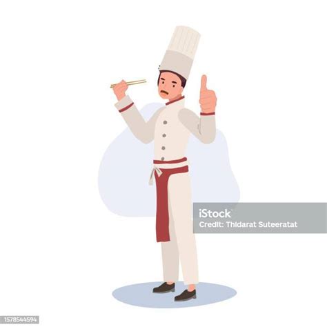 엄지손가락을 치켜세우는 전체 길이의 웃는 남성 요리사 캐릭터 승인 제스처를 제공하는 요리사 플랫 벡터 만화 그림 긍정적인 감정 표현에 대한 스톡 벡터 아트 및 기타 이미지
