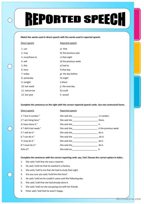 Reported Speech Exercises Free Printable Reported Speech Esl Postgray