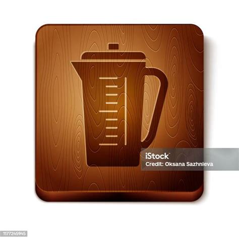 갈색 측정 컵은 흰색 배경에 격리 된 건조 및 액체 식품 아이콘을 측정합니다 손잡이가 달린 플라스틱 그라디드 비커 나무 사각형 버튼입니다 벡터 일러스트레이션 가정 생활에