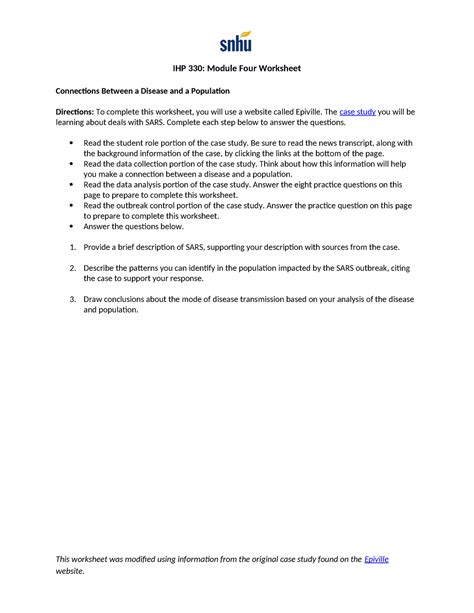 IHP 330 Module Four Worksheet IHP 330 Module Four Worksheet Connections Between A Disease And