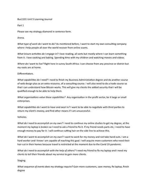 Unit Learning Journal Bus Unit Learning Journal Part Please See My Strategy Diamond