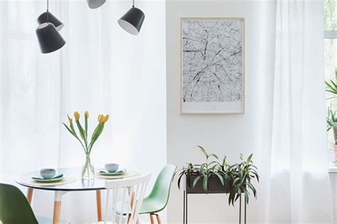 세련 되 고 현대적인 레스토랑 및 디자인 지도 소파 및 가족 테이블 거실 공간을 엽니다 밝고 화창한 식물과 갈색 나무 마루와 방 담요에 대한 스톡 사진 및 기타 이미지