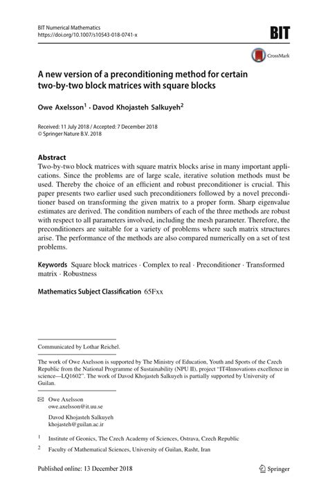 Pdf A New Version Of A Preconditioning Method For Certain Two By Two