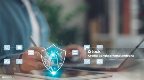 Cyber Security And Data Protection On Internet Person Touching Virtual Shield Secure Access