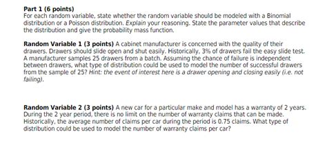 Solved Part 1 6 Points For Each Random Variable State Chegg Com