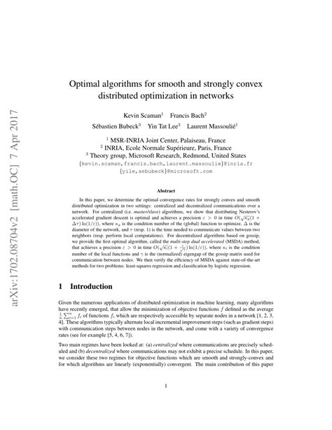 Pdf Optimal Algorithms For Smooth And Strongly Convex Distributed Optimization In Networks