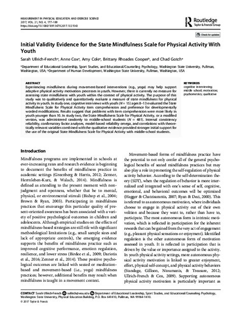 Pdf Initial Validity Evidence For The State Mindfulness Scale For Physical Activity With Youth