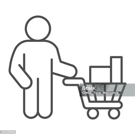 상품 얇은 라인 아이콘의 트롤리 구매자 시장 개념 흰색 배경에 구매 표지판쇼핑 카트를 들고 남자 윤곽 스타일의 카트 아이콘에 상품소비자 벡터 그래픽 0명에 대한 스톡 벡터