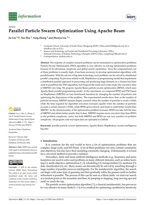 Pdf Parallel Particle Swarm Optimization Using Apache Beam