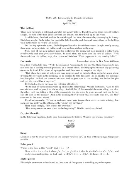 Notes On Fun In Introduction To Discrete Structures Csce 235 Docsity