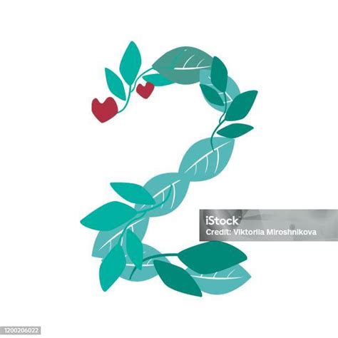 녹색 나뭇잎과 나뭇가지와 디자인을 위한 흰색 배경에 하트가 고립된 숫자 2 글꼴과 단일 그림 2가 있는 자연 또는 에코 스톡