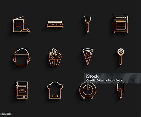 세트 라인 요리 책 요리사 모자 밀가루 팩 주방 타이머 주걱 컵 케이크 여과기 숟가락 및 피자 아이콘 조각 벡터 가방에 대한 스톡 벡터 아트 및 기타 이미지 Istock